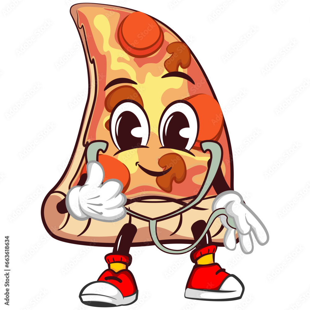 Cute slice of pizza character with funny face mascot being a doctor ...