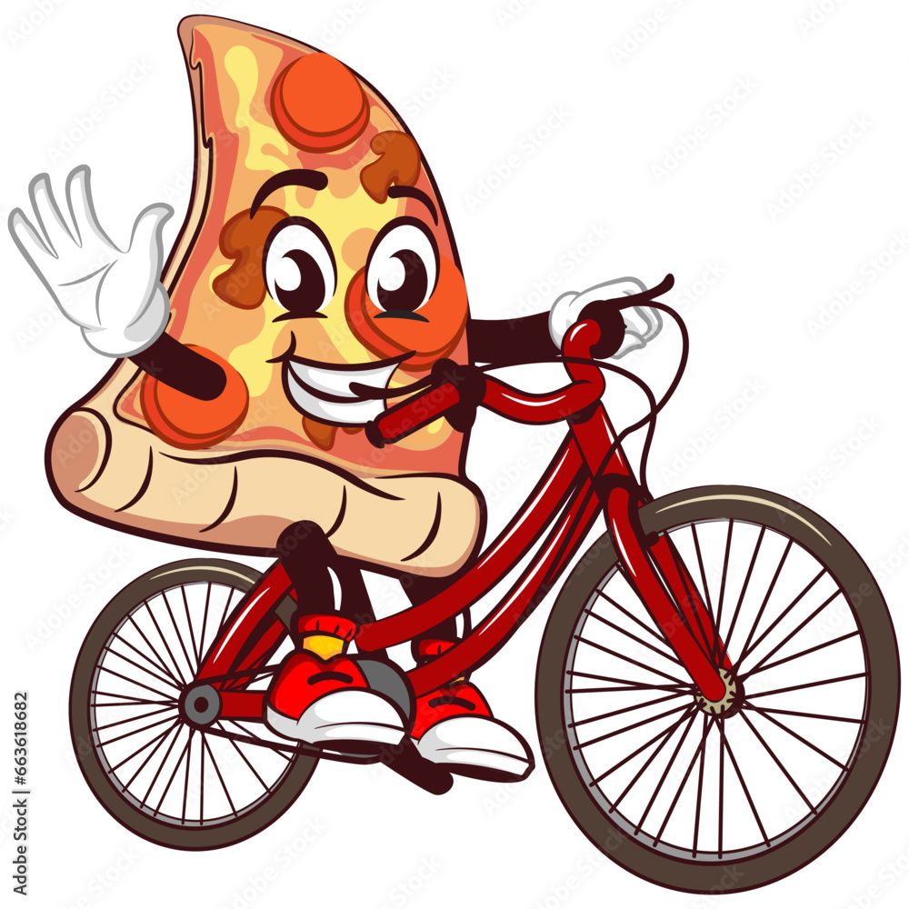 Cute slice of pizza character with funny face mascot cycling while ...