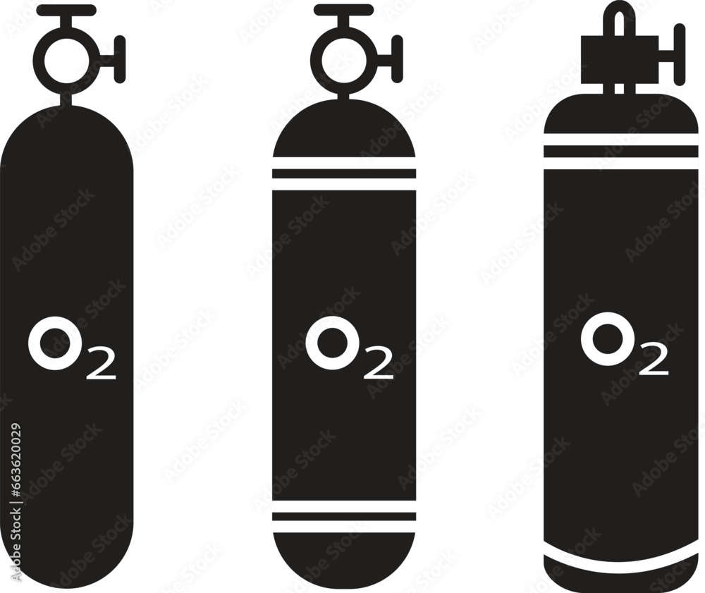 set of O2 Gas trendy fill cylinders icons. LPG propane bottles icons ...