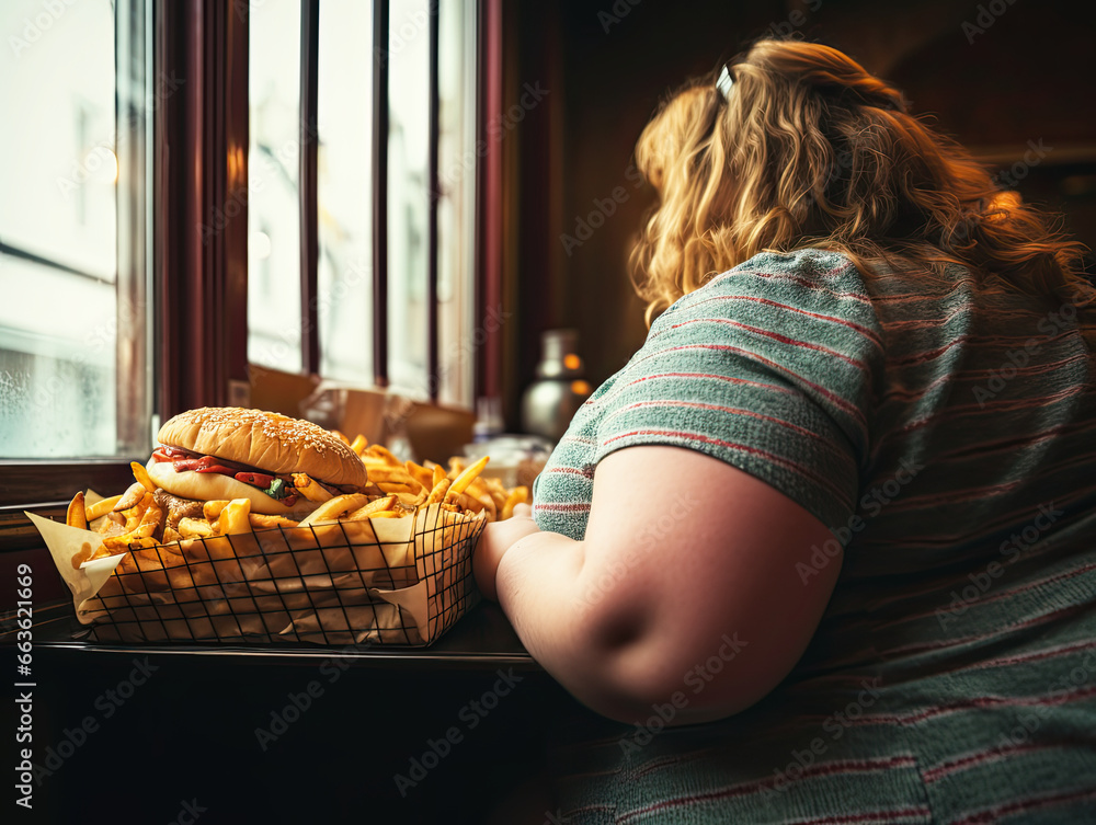 Worried Overweight Woman with Pile of Fast Food Burgers - Unhealthy ...