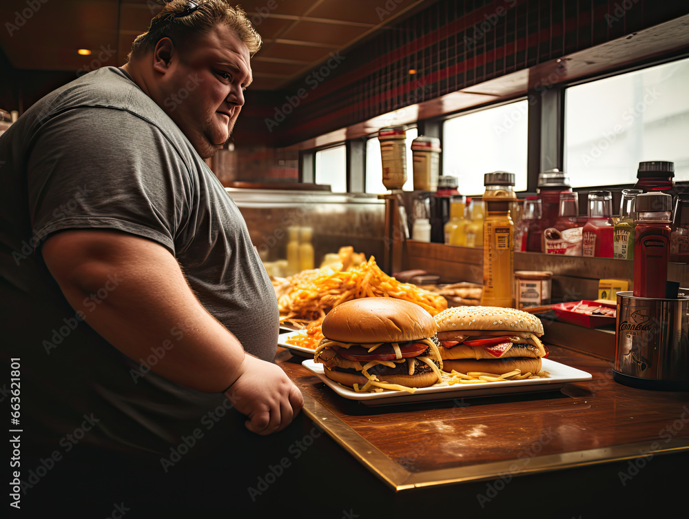 Worried Overweight Man with Pile of Fast Food Burgers - Unhealthy ...