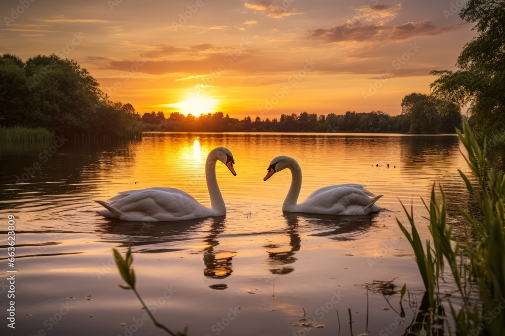 Golden sunset reflecting off smooth glassy lake as swans glide ...