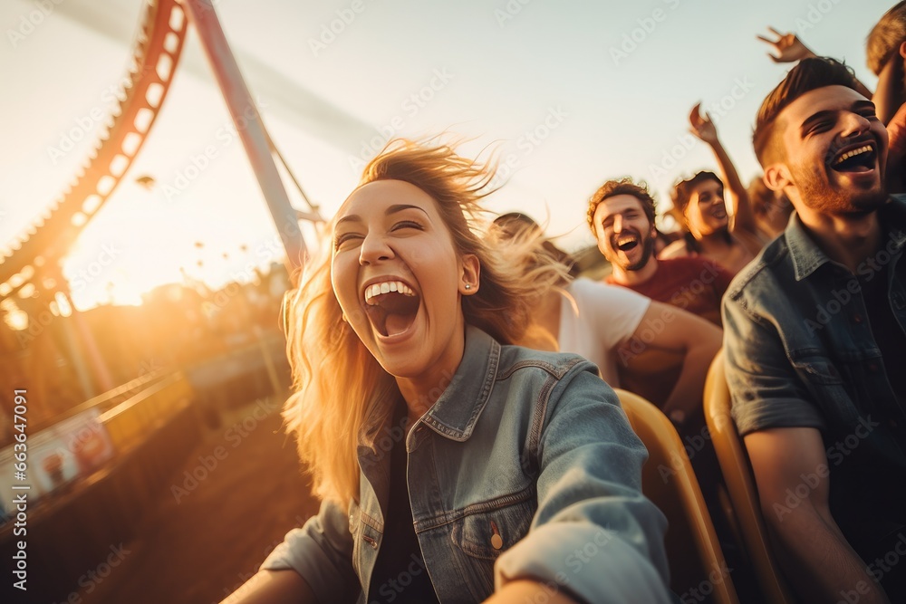 Friends riding roller coaster ride at amusement park. People having fun ...