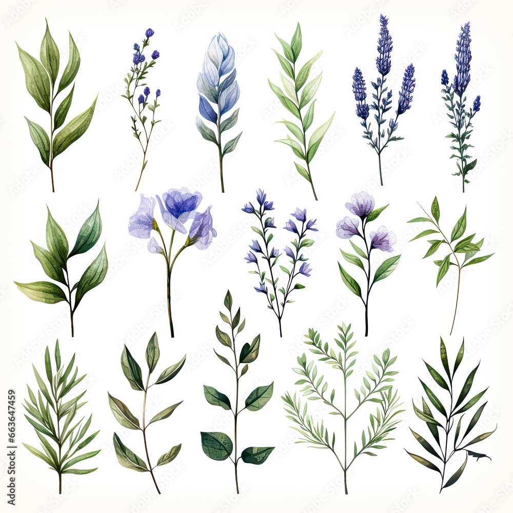 Collection of watercolor herbs clipart on white background. Stock ...