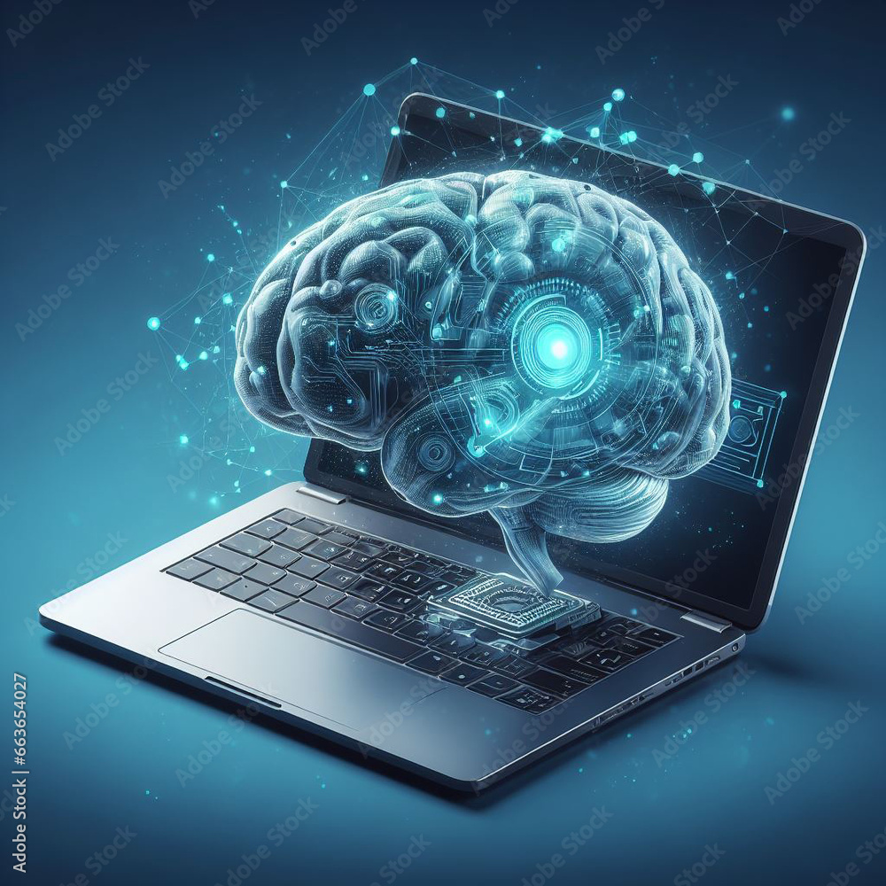 A realistic rendering of a human brain on a laptop, a symbol of ...