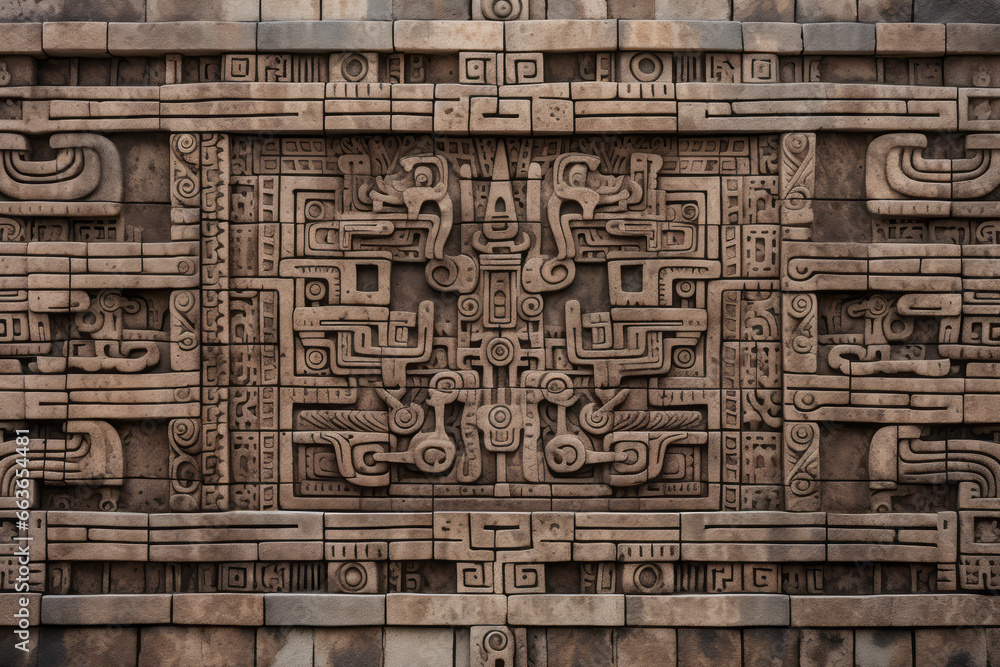 Exterior stone wall of Aztec-inspired carvings, surface material ...