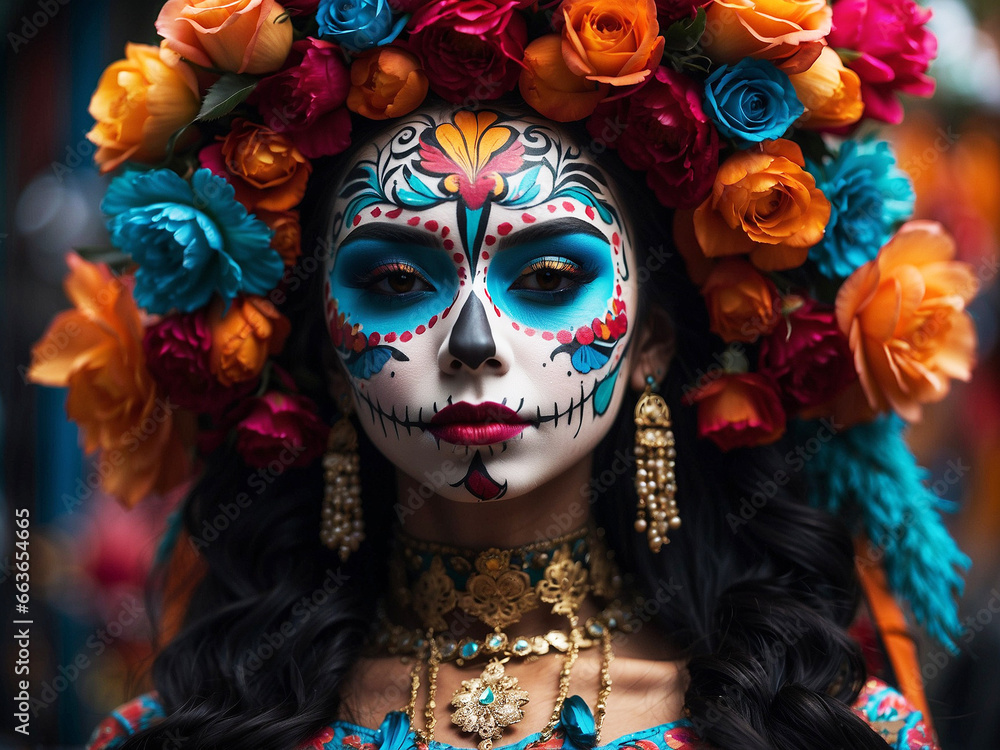 Festive Mexican Heritage: Woman with Colorful Face Tattoos for Dia de ...