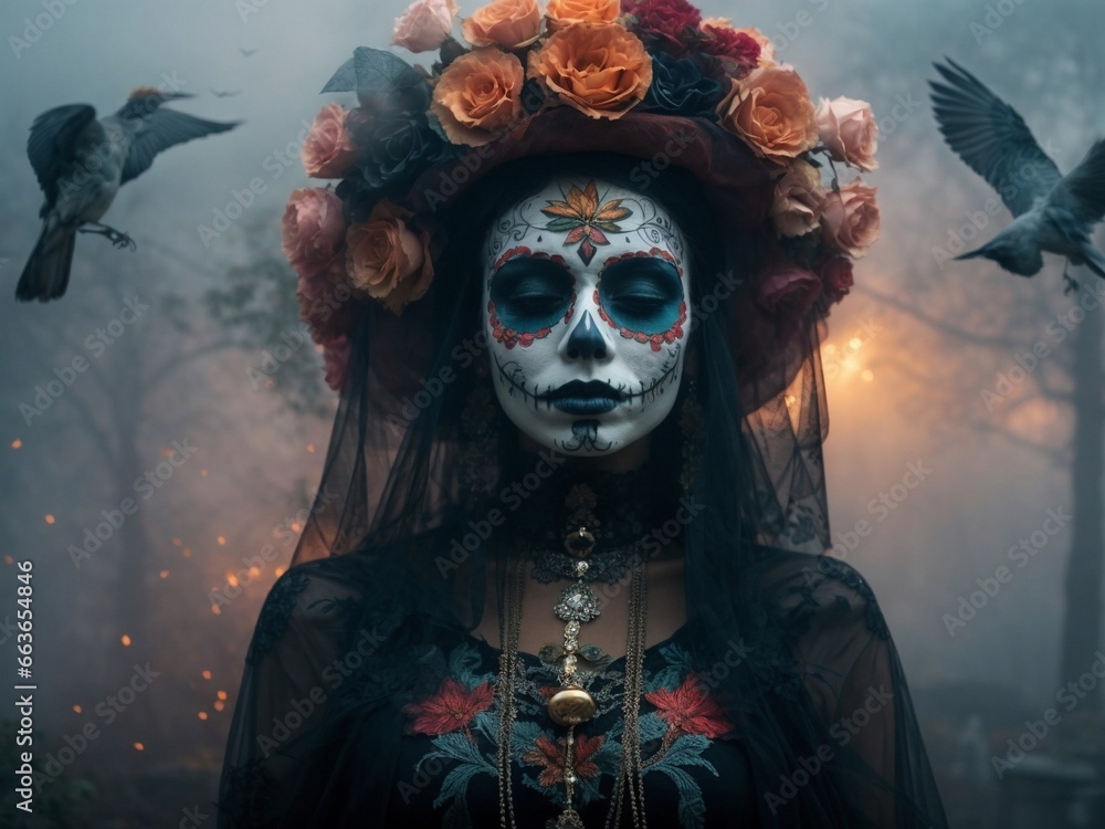 Festive Mexican Heritage: Woman with Colorful Face Tattoos for Dia de ...