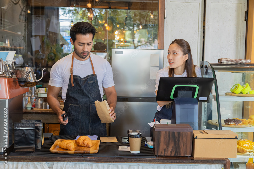 Multicultural couple startup small business bakery cafe restaurant ...