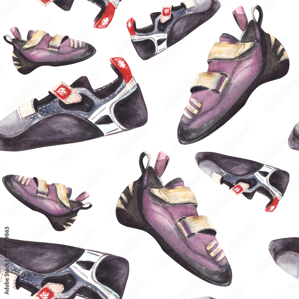 Climbing boulder shoes, different colours and sizes, seamless pattern ...