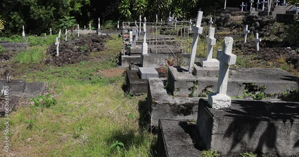 Tropical grave cross cemetery Kona Hawaii. Big Island. Overlooking ...