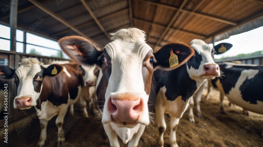 Foto de Cows in a cowshed look at the camera while waiting for food on ...
