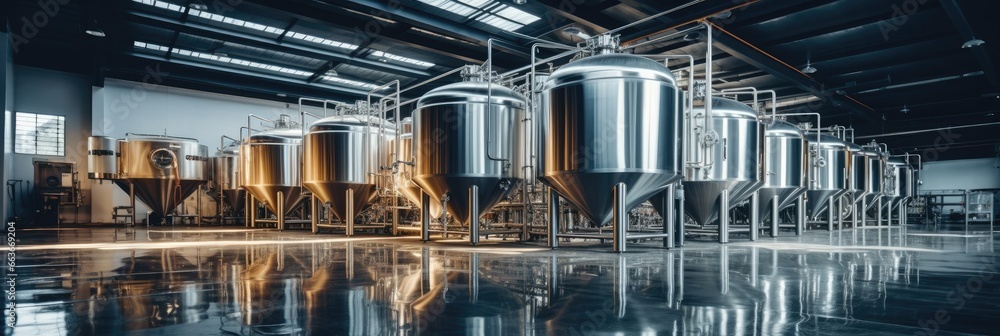 Large steel fermentation tanks in spacious hall at modern alcohol ...