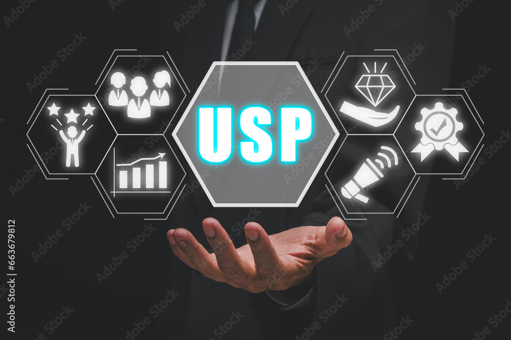 USP, Unique Selling Proposition concept, Businessman hand holding ...