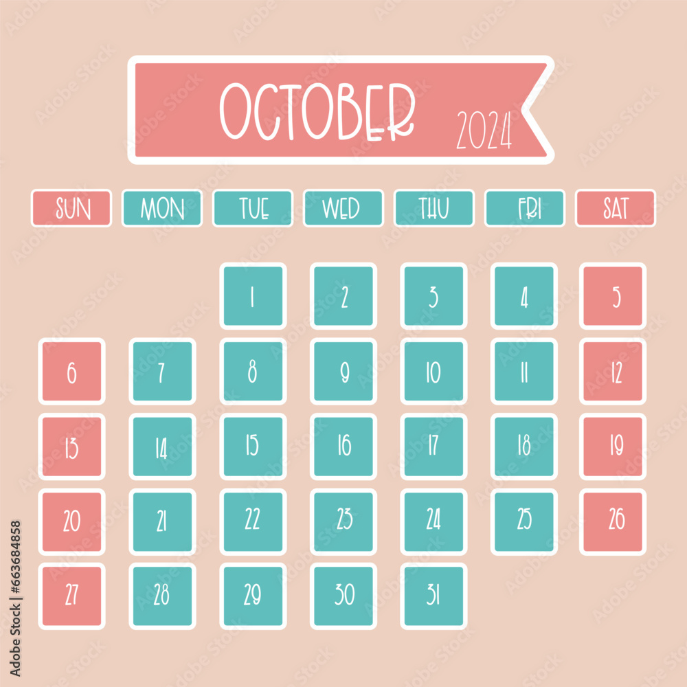 October 2024 monthly calendar design with thin font where week starts ...