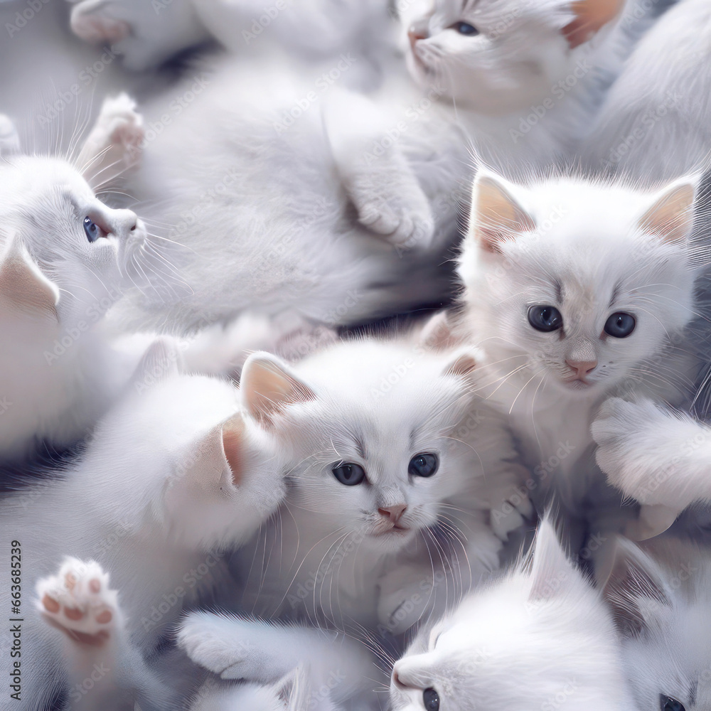 Flock of fluffy white kittens, portrait of ruffle white little cats ...