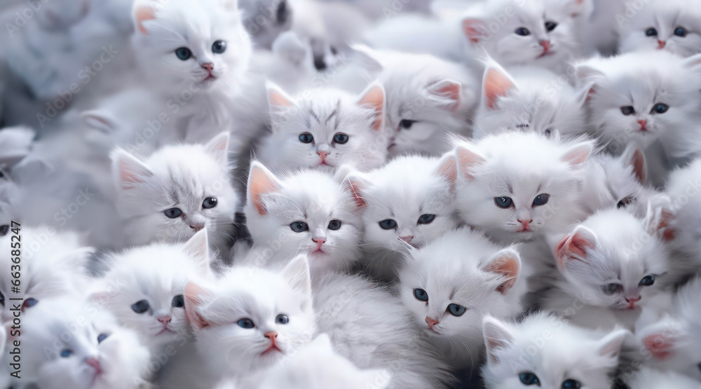 Flock of fluffy white kittens, portrait of ruffle white little cats ...