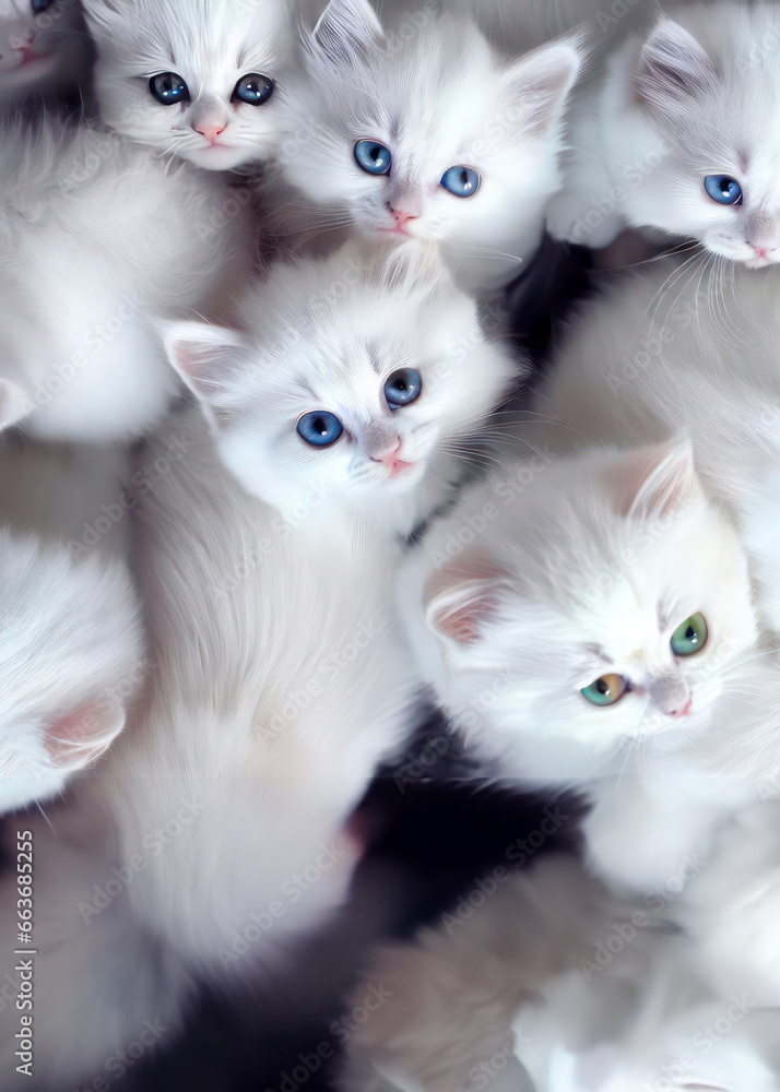 Flock of fluffy white kittens, portrait of ruffle white little cats ...