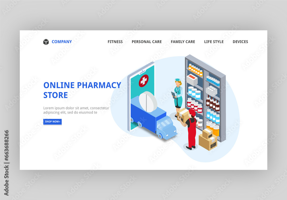 Online Pharmacy Store Landing Page, Isometric Smartphone with Delivery ...