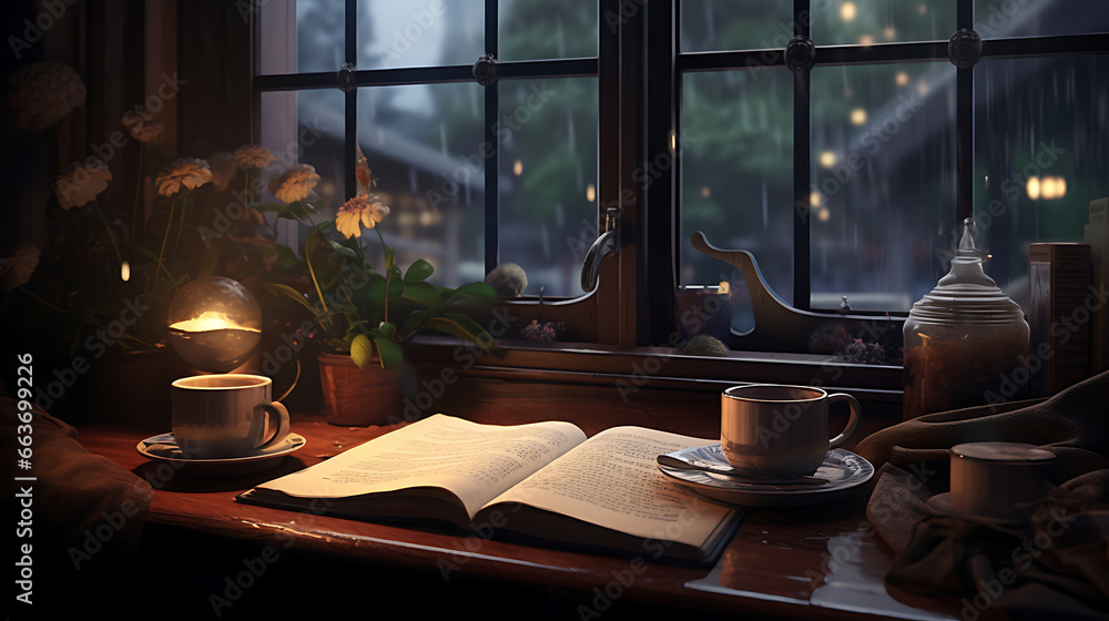 a moment of a lofi-style rainy day with a view through a rain ...