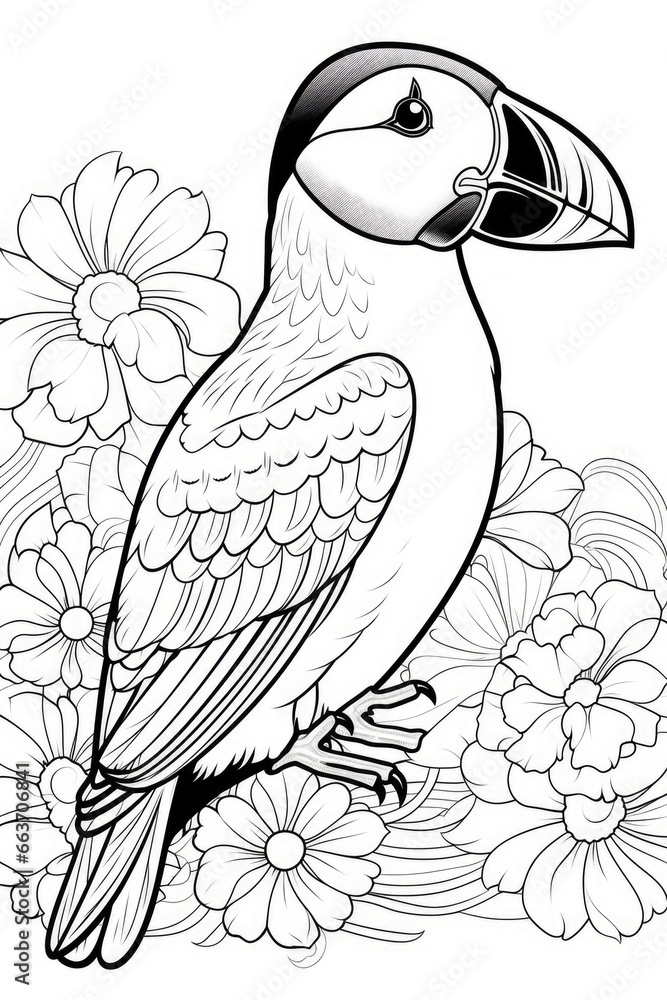 coloring page of an atlantic puffin in a line art hand drawn style for ...