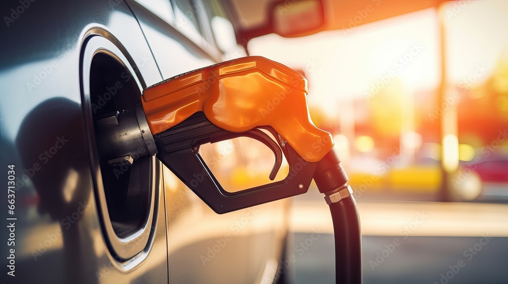 Car refueling with fuel at the refuel gasstation station. Close-up ...