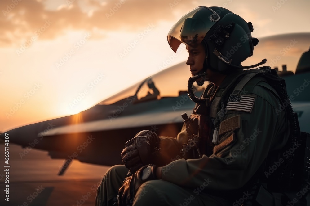 Portrait of a male pilot sitting on the deck of a plane, Fighter Jet ...