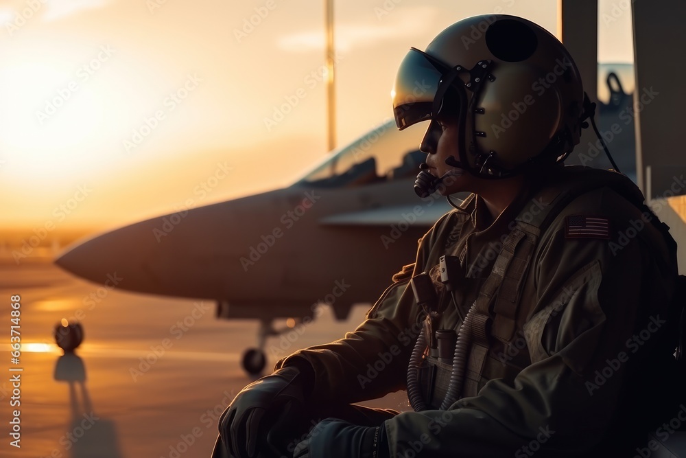Portrait of a pilot sitting in front of the airplane at sunset, Fighter ...