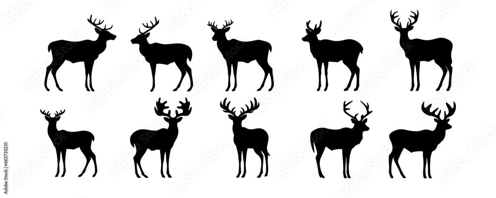 Christmas reindeer silhouette isolated on white background. Deer animal ...