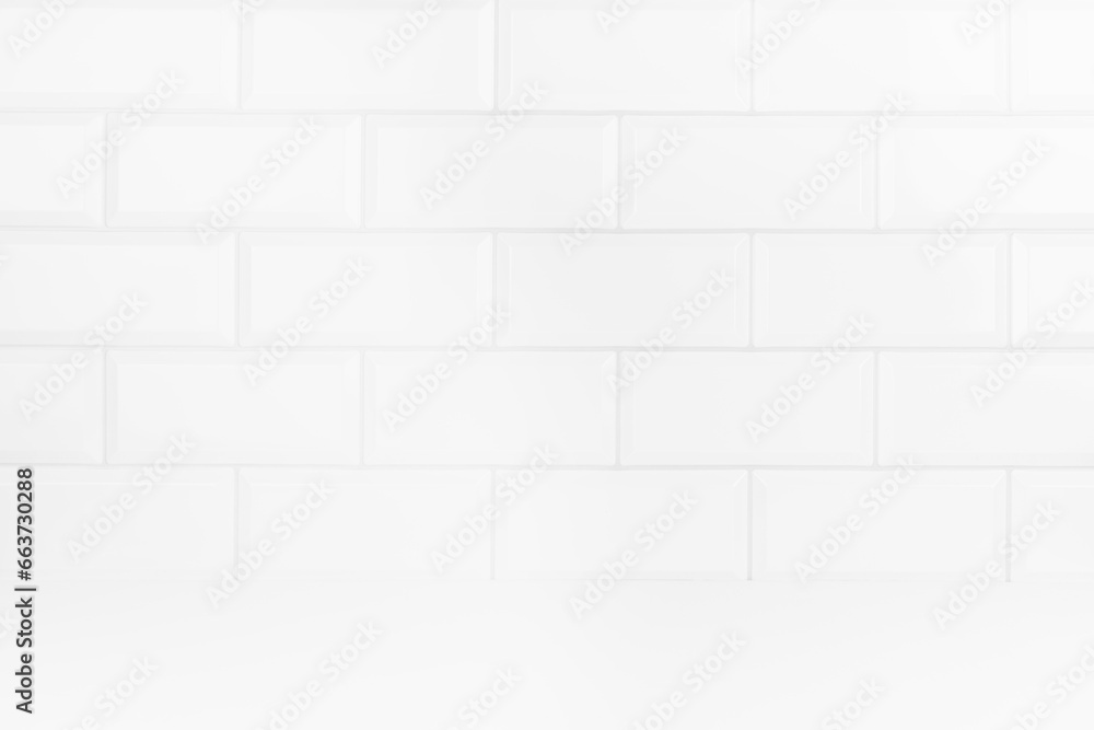 Elegant white abstract stage with white glossy ceramic rectangle tile ...