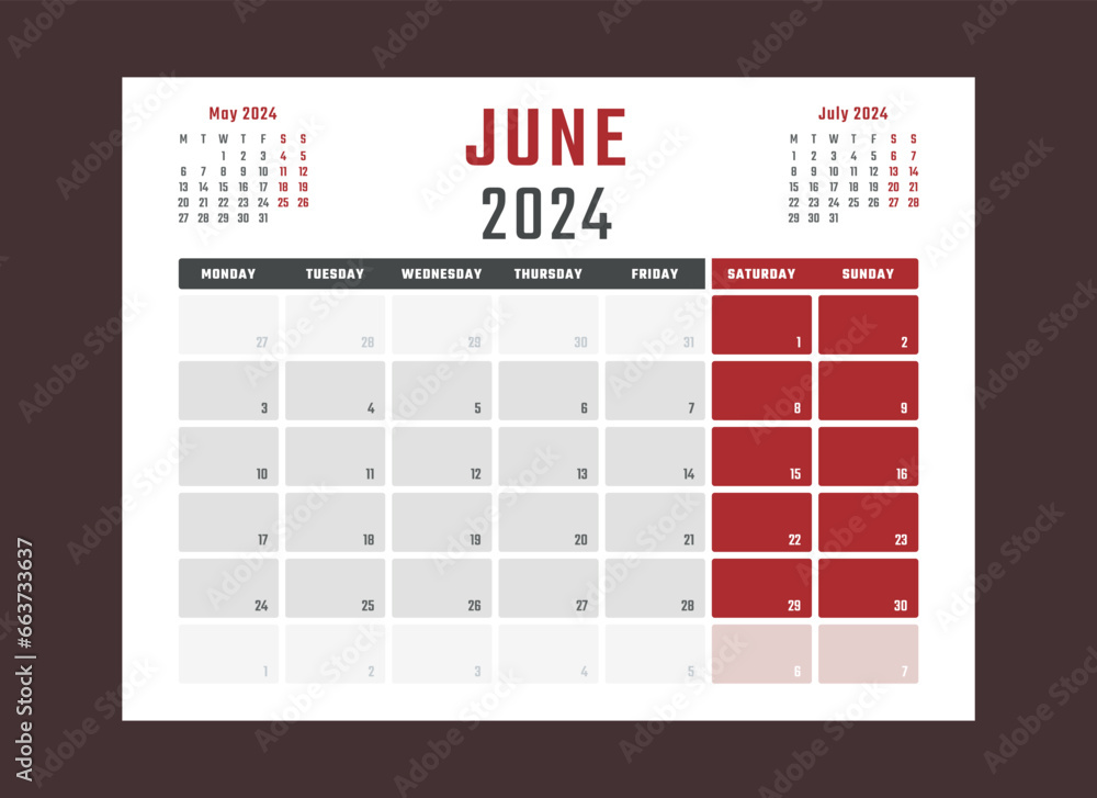 calendar for june 2024 starts monday, vector calendar design june 2024 ...