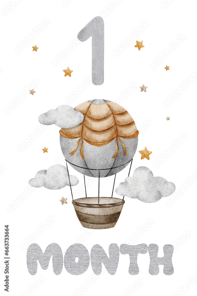 Baby Milestone Card with Beige Hot Air Balloon, clouds and stars. Baby ...