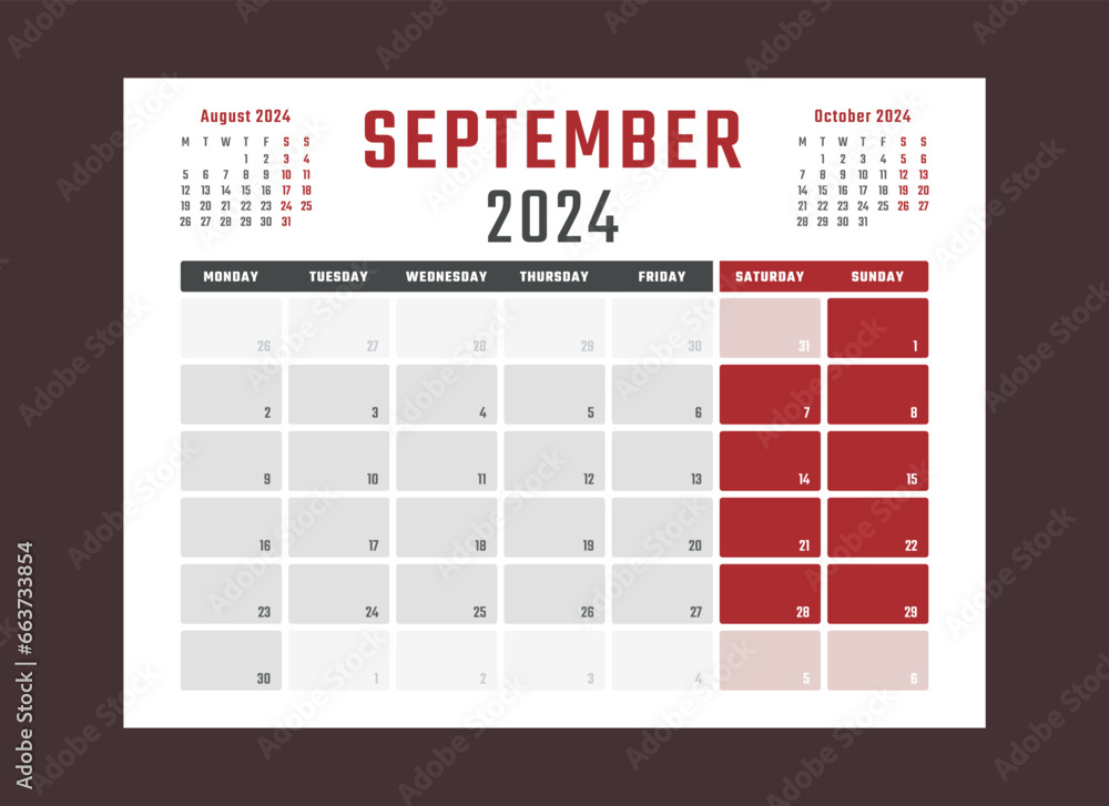 calendar for september 2024 starts monday, vector calendar design ...