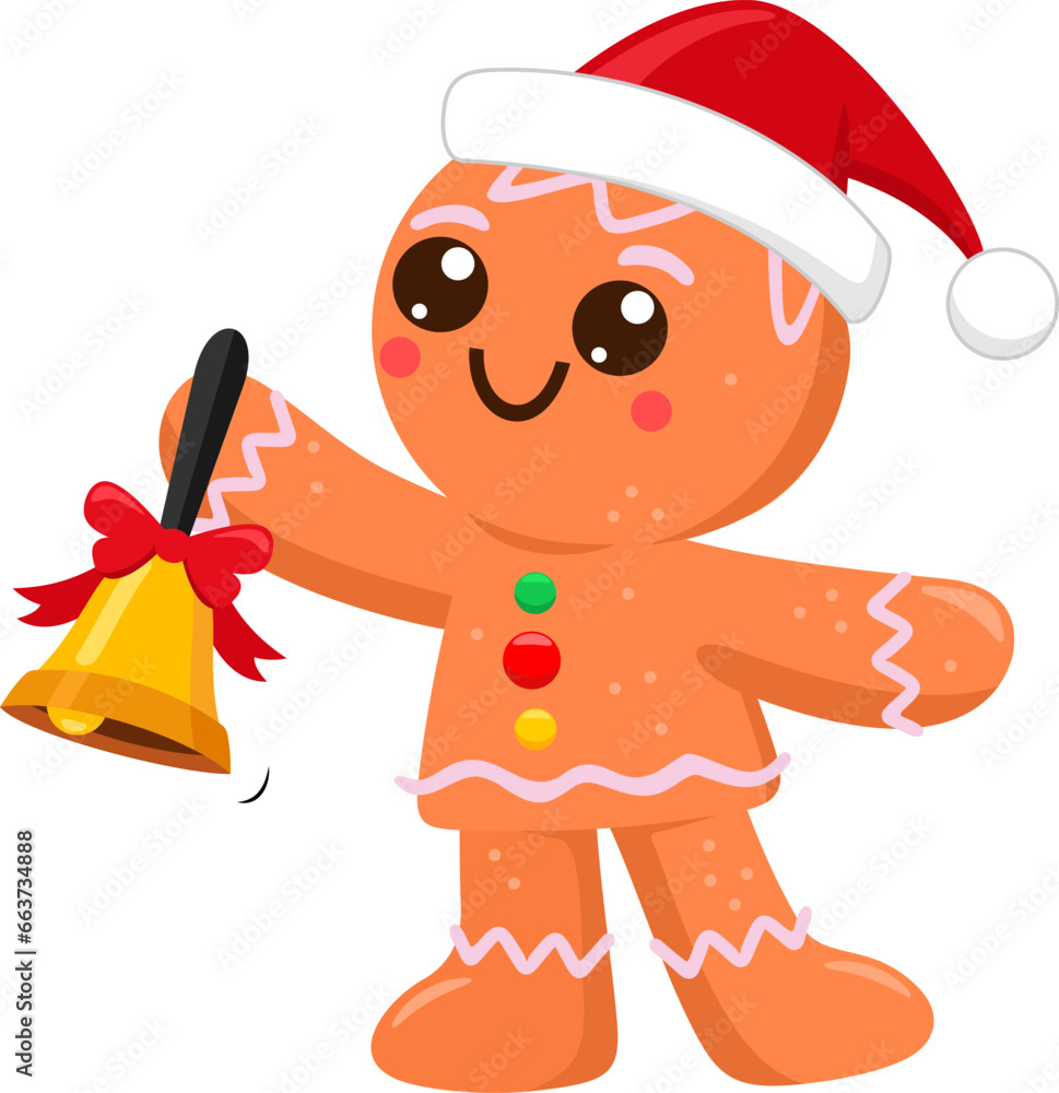 Cute Christmas Gingerbread Man Cartoon Character Ringing A Bell. Vector ...