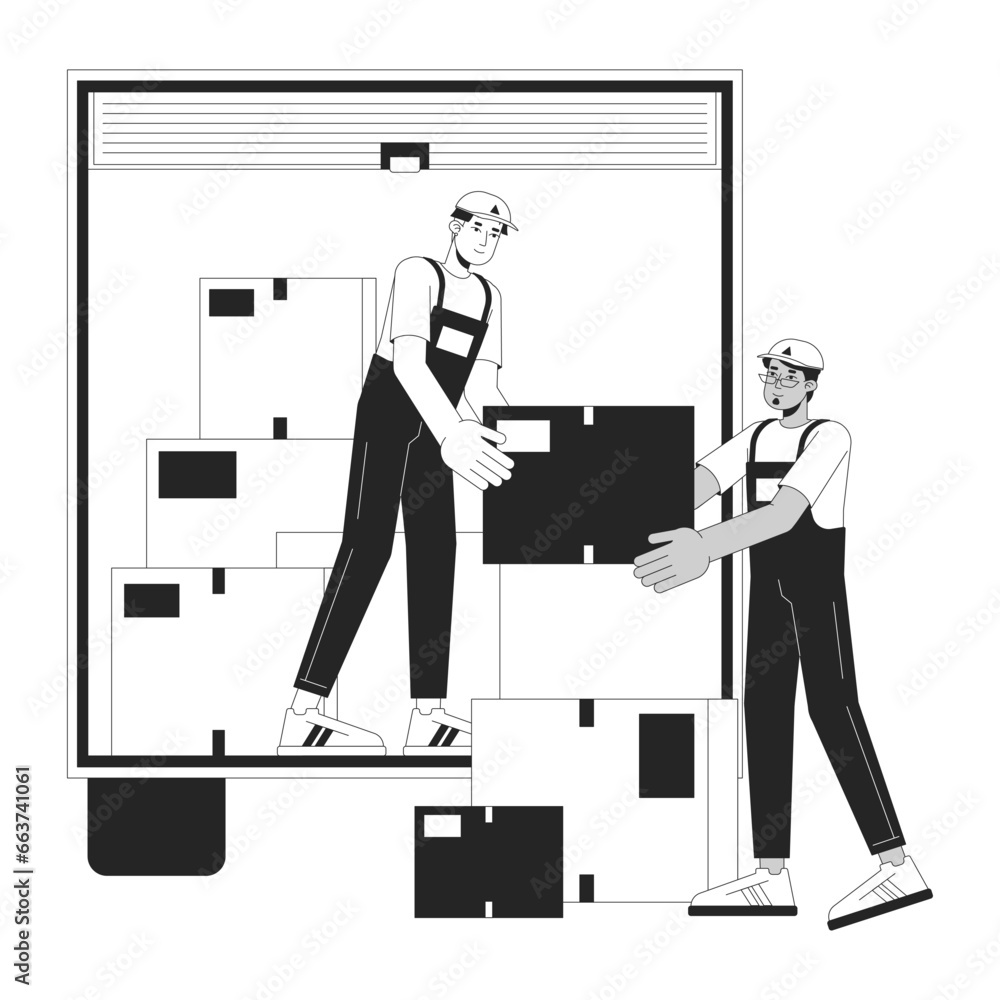 Professional movers black and white cartoon flat illustration ...