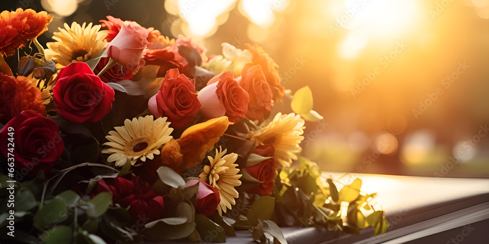 Floral tributes grace a cemetery burial, while an evening funeral scene ...