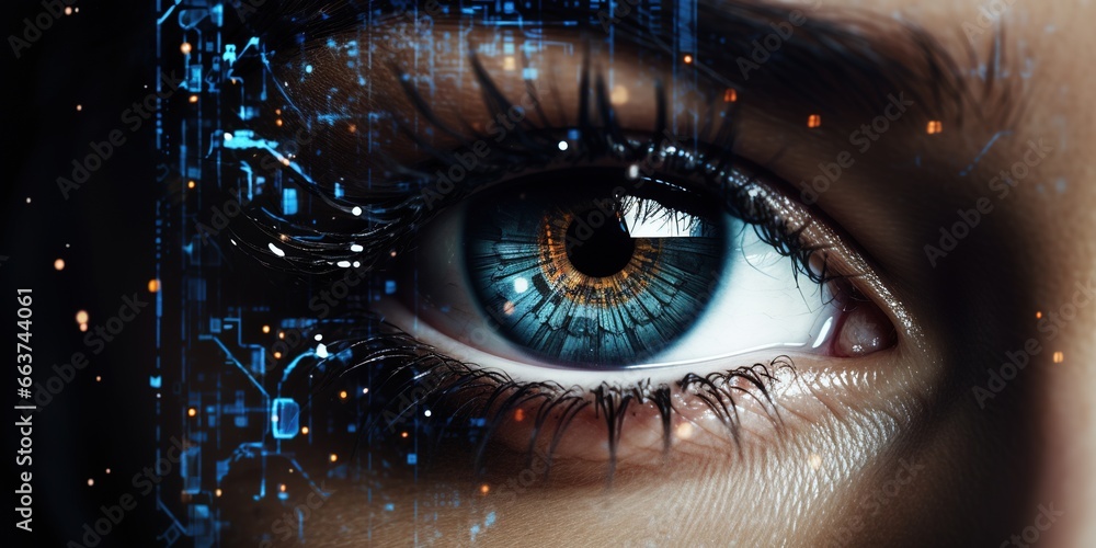 Futuristic woman eye display cyberspace concept science background ...