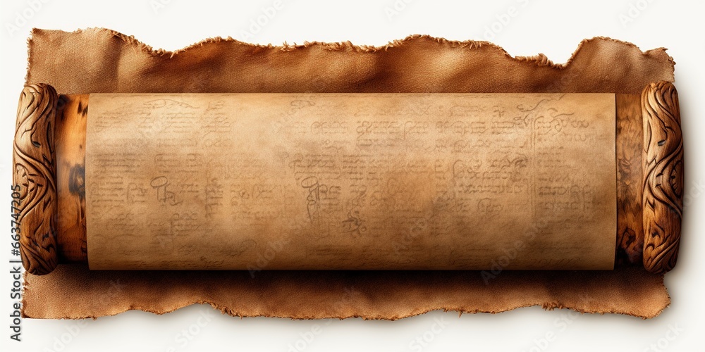 An old parchment sheet with a wooden roll as a mockup template on alpha ...