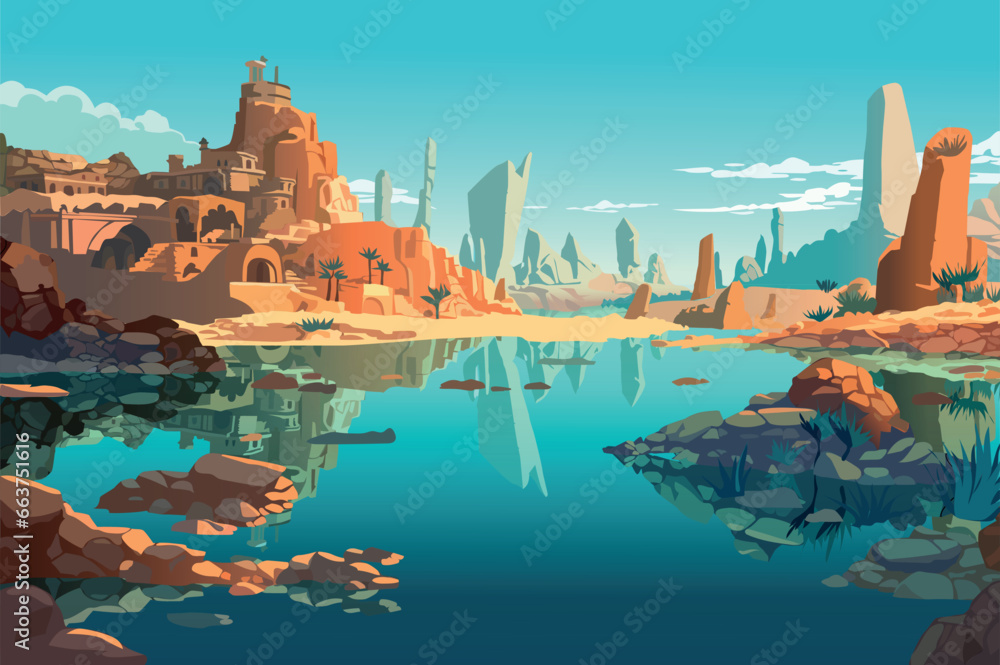 Background sunken city in the flat cartoon design. Hauntingly beautiful ...