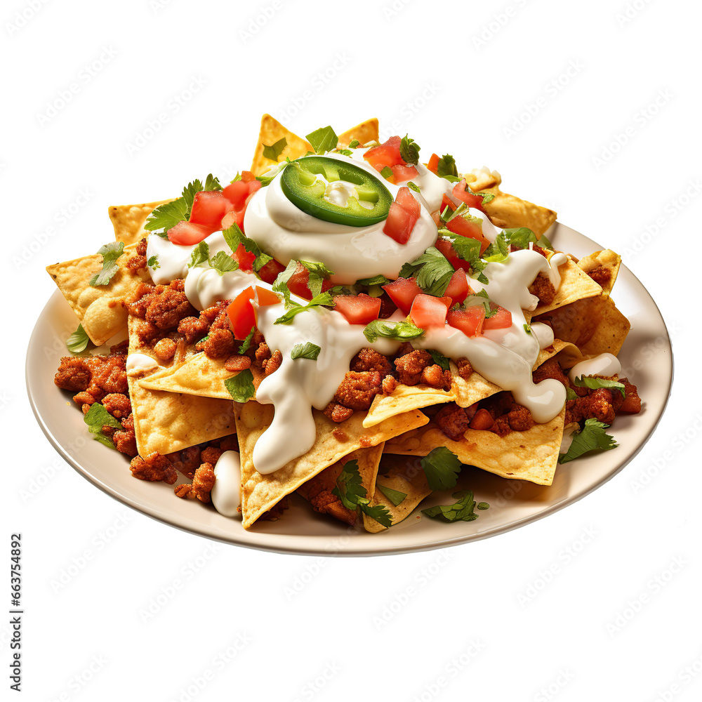Platos de comida mexicana aislada sobre fondo transparente. Nachos con ...