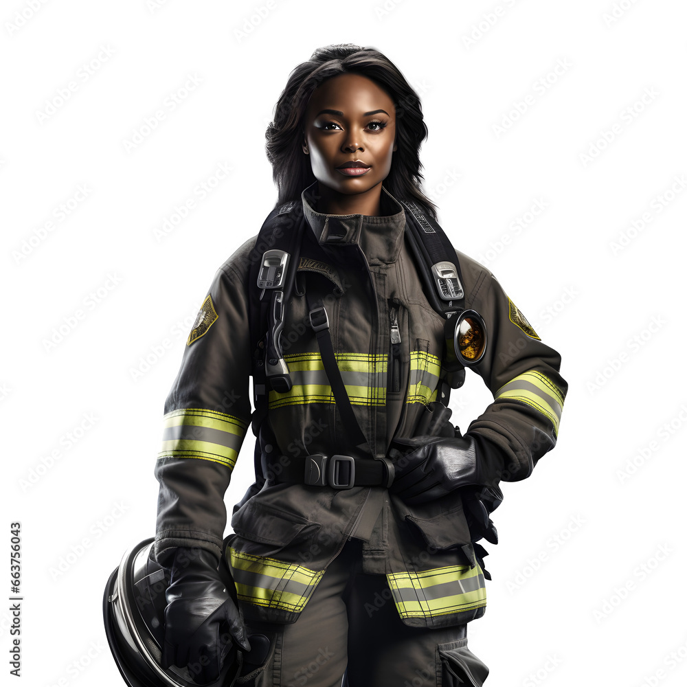 Black woman firefighter, fire service, on transparent background ...