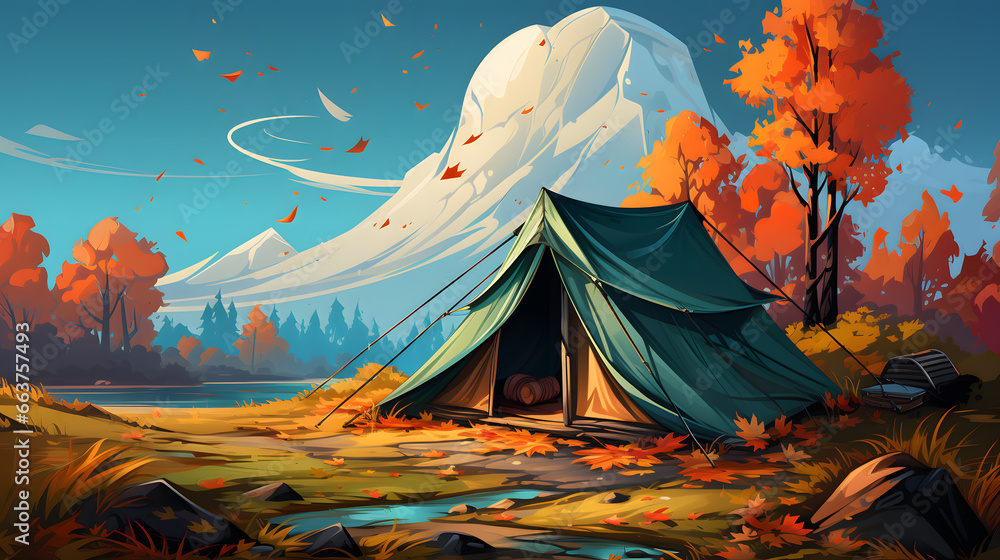 Illustrate a cozy camping setup in the midst of a colorful autumn ...