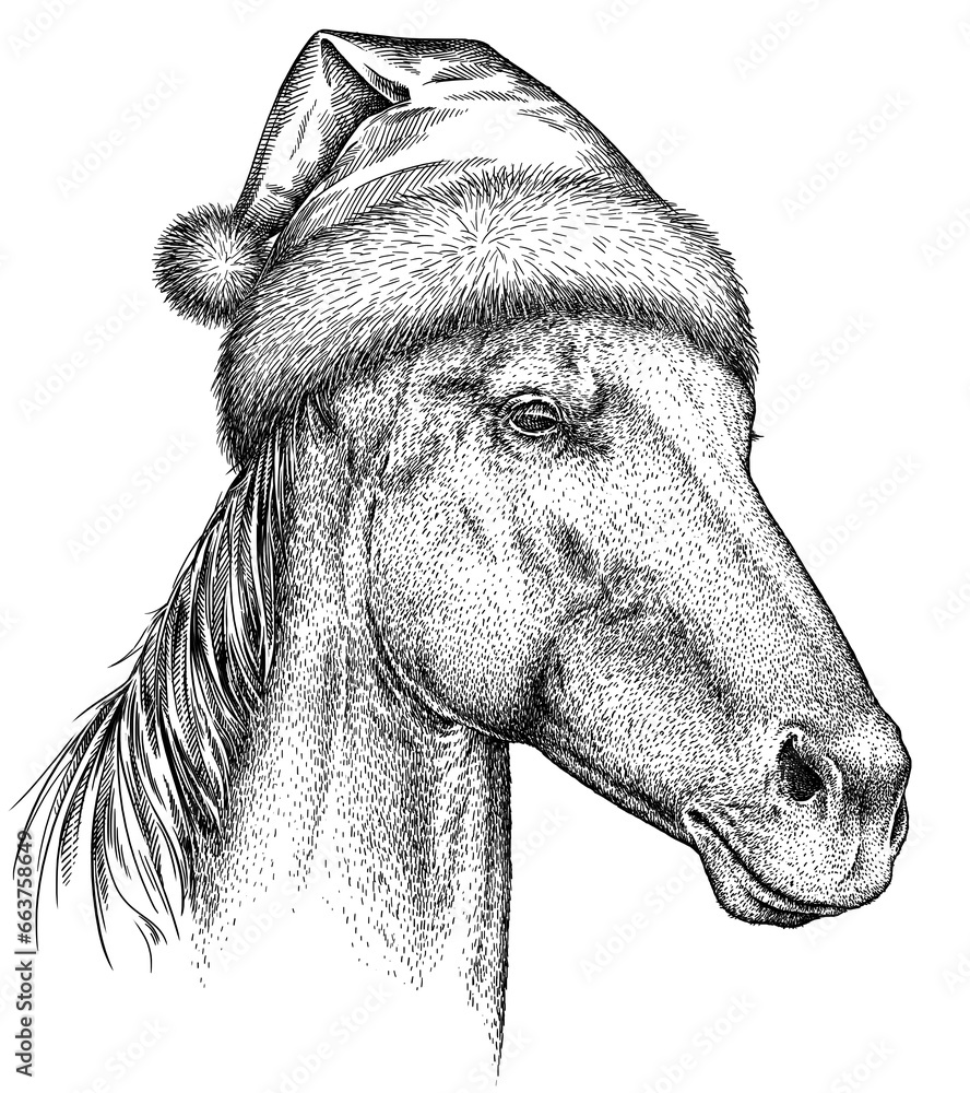 Vintage engraving isolated horse set dressed christmas illustration ink ...
