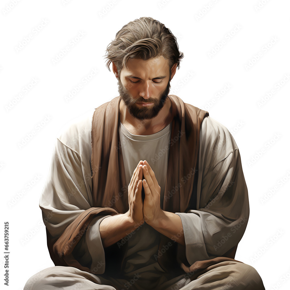 Caucasian man praying with hands together, on transparent background ...
