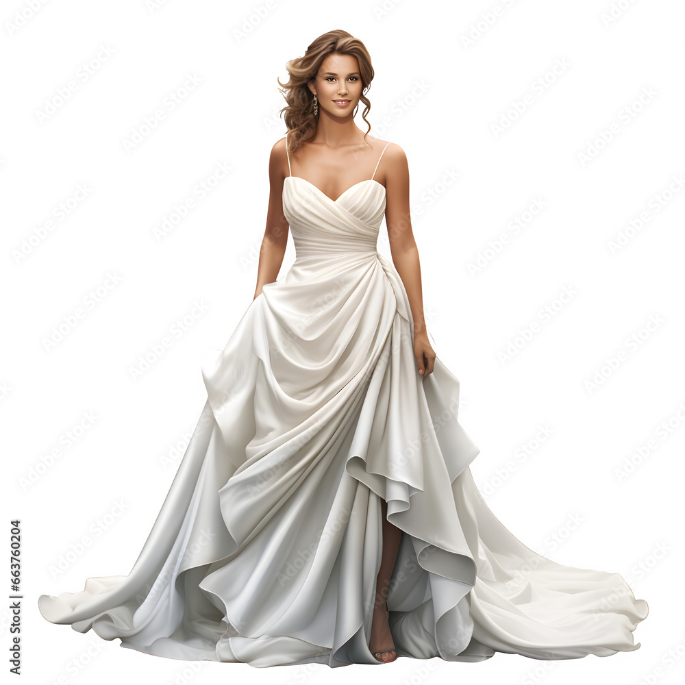 Caucasian woman in wedding dress, on transparent background, white ...