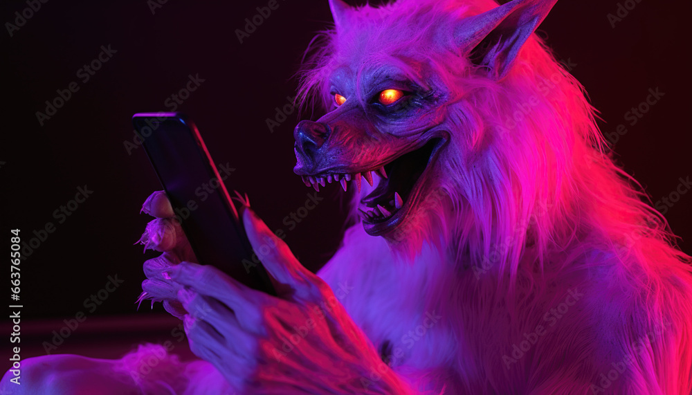 werewolf with a phone. concept of dangers of internet communication ...