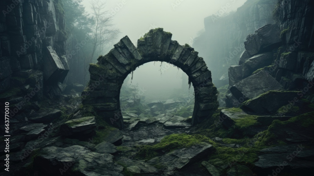 Ancient round stone portal gateway, monolithic ruins structure ...