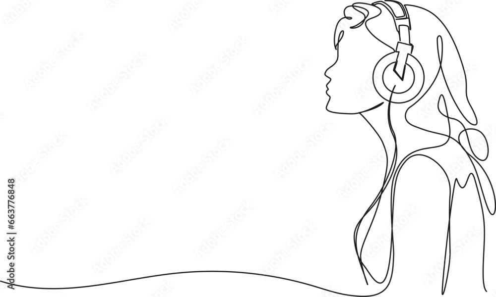 continuous single line drawing of young woman wearing headphones ...
