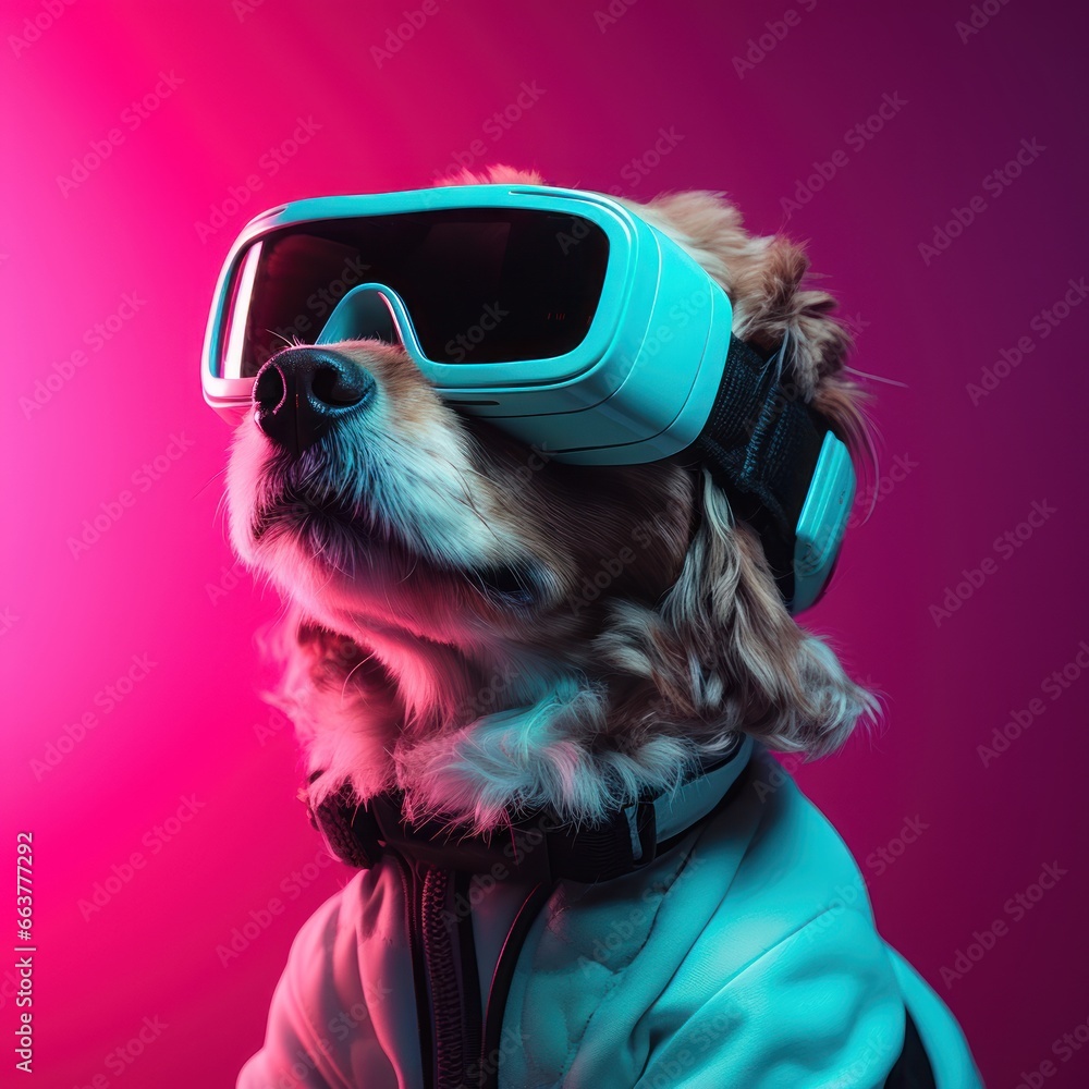 Dog wearing vr glasses over pink background. Futurism, sci-fi, cyber ...