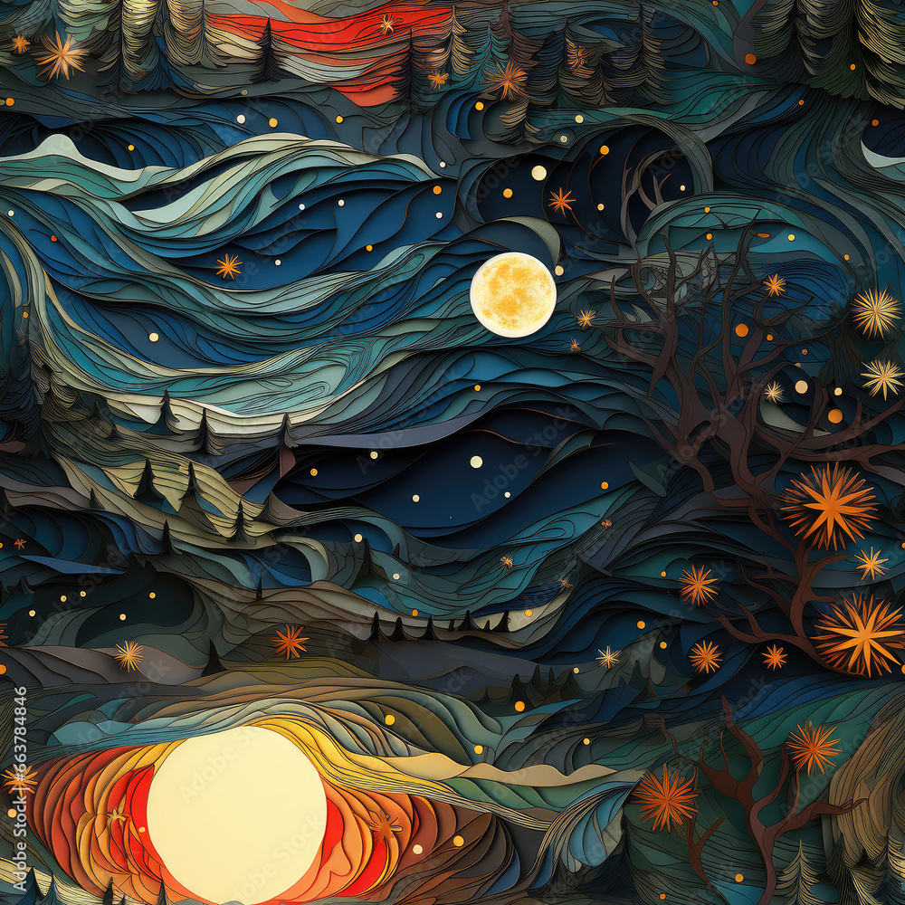 Starry night sky papercut cartoon elegant art in the style of Van Gogh ...